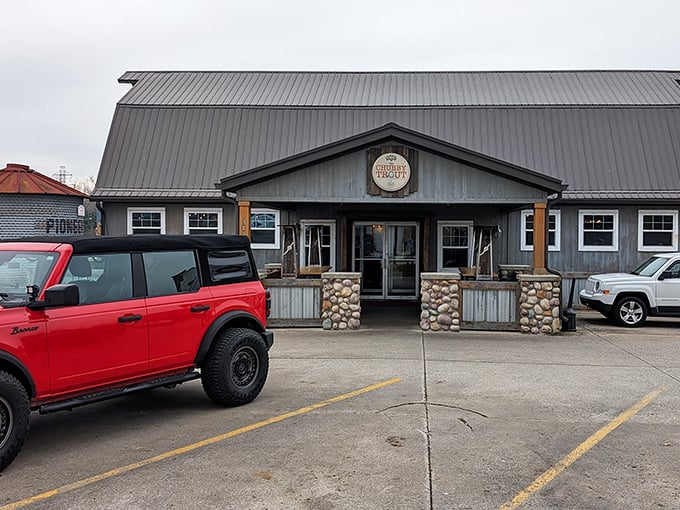 Stone pillars and a metal roof give Chubby Trout that "just back from the lake" vibe, even before you taste their seafood.