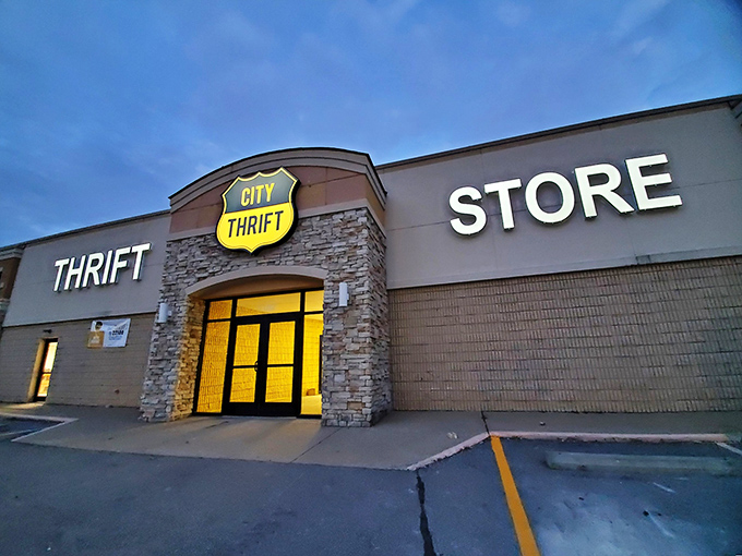 As evening approaches, City Thrift glows like a beacon for bargain hunters. The mothership is calling you home!