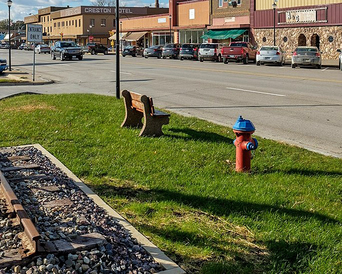 A classic red fire hydrant stands guard on Creston's main drag &ndash; some sentinels never go out of style.