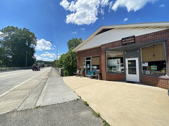 Mt. Rogers Outfitters stands ready to equip hikers tackling the Appalachian Trail. This unassuming storefront is a gateway to wilderness adventures.