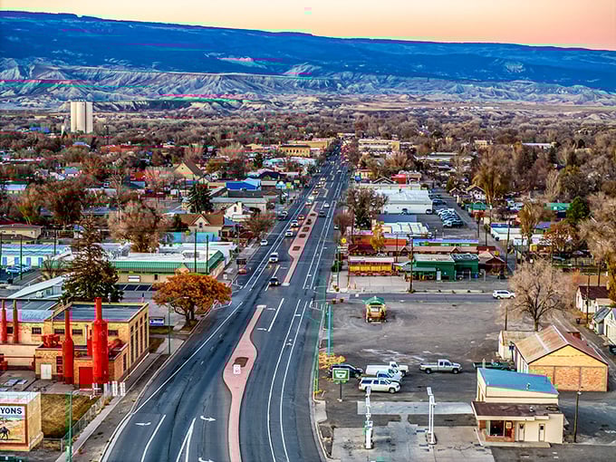 This aerial view of Delta reveals a charming main street lined with colorful storefronts—a reminder of when shopping was personal and community-driven.