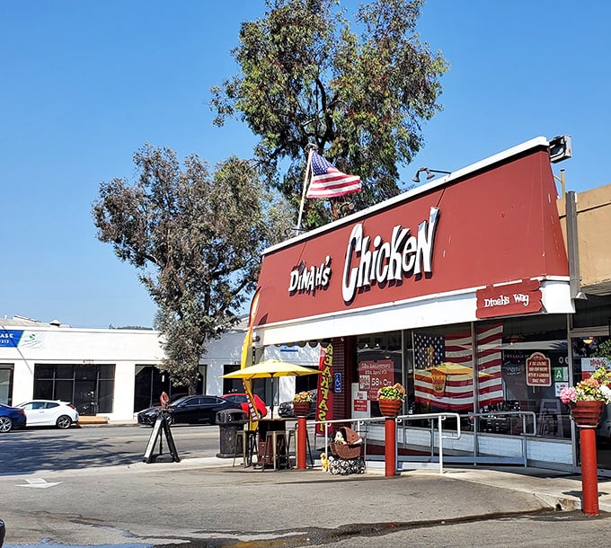 That "BREAKFAST" banner might get you in the door, but it's Dinah's legendary fried chicken that keeps you coming back.