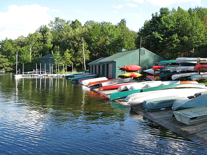 This lakeside marina holds more boats than a nautical Noah's ark, each one ready for adventure.