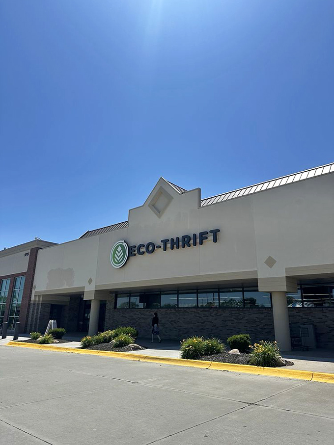 The sleek exterior hints at the quality treasures waiting inside this organized thrift paradise. 