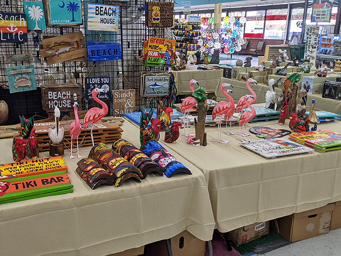 Pink flamingos and beach signs create a vacation vibe that makes shopping feel like a mini getaway adventure.
