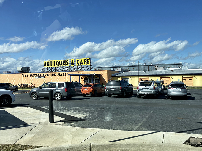 America's largest antique mall isn't shy about its presence &ndash; that yellow sign is practically shouting "TREASURES INSIDE!"