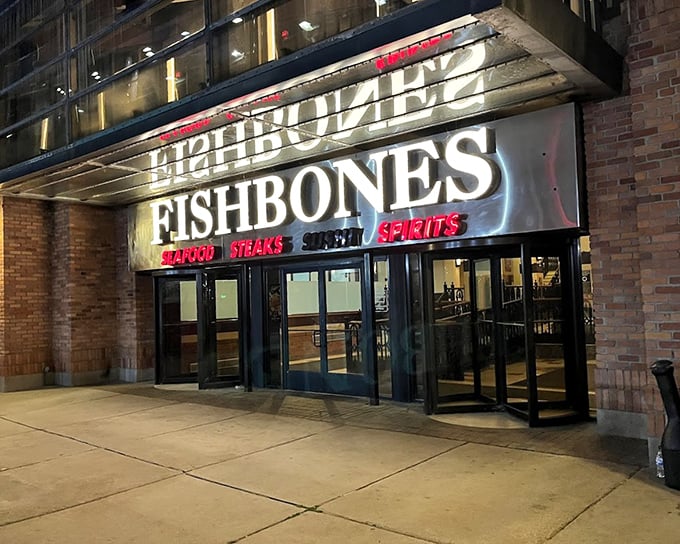The bright lights of Fishbones illuminate Greektown with promises of Cajun-kissed seafood treasures.