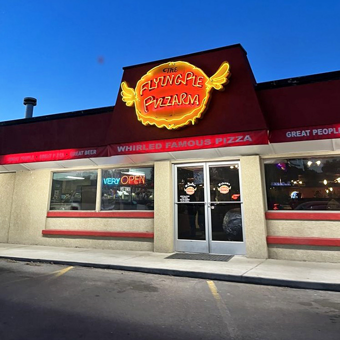"VERY OPEN" indeed! Flying Pie's neon welcome is as warm as their ovens on a chilly Idaho evening.