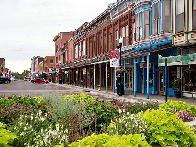 Vibrant flower beds frame Coffeyville's Main Street, proving that small towns know how to dress up their downtowns.