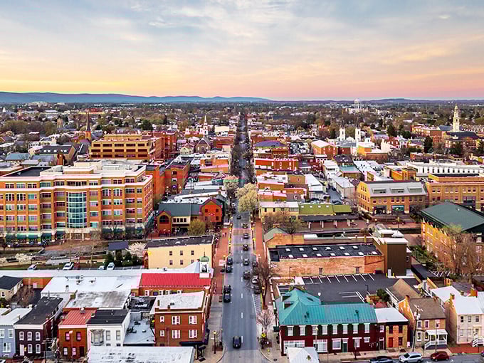 This bird's-eye view reveals Frederick's perfect blend of historic charm and modern convenience for budget-conscious living.