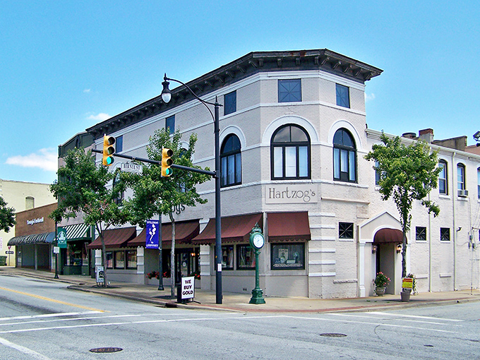 Hartzog's corner building anchors Gaffney's downtown like a friendly lighthouse. Those awnings have probably sheltered generations from sudden Southern downpours.