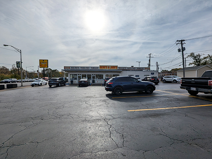 The simple red-roofed building houses hot dog perfection that locals have been lining up for since before color TV was common.