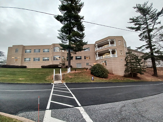 Glen Meadows offers peaceful retirement living with mature trees, well-maintained grounds, and accessible pathways leading to comfortable apartments.