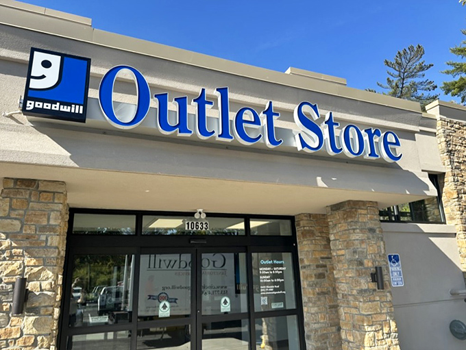 The blue sign promises good deals, but the stone columns suggest you're entering the Temple of Thrift. Sacred bargains inside!