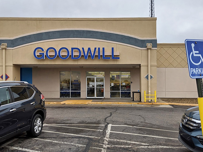 Rain or shine, this Goodwill delivers the goods. Even on gray days, the blue logo promises colorful finds inside.