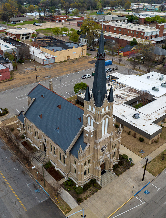 This aerial view shows a town laid out with breathing room, where rush hour means three cars instead.