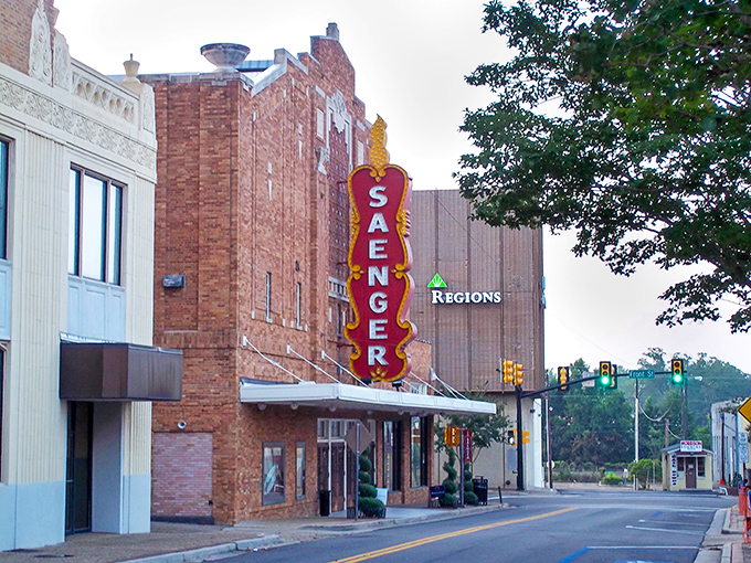 The Saenger Theatre marquee glows bright in a town where entertainment and dinner out won't empty your wallet completely.