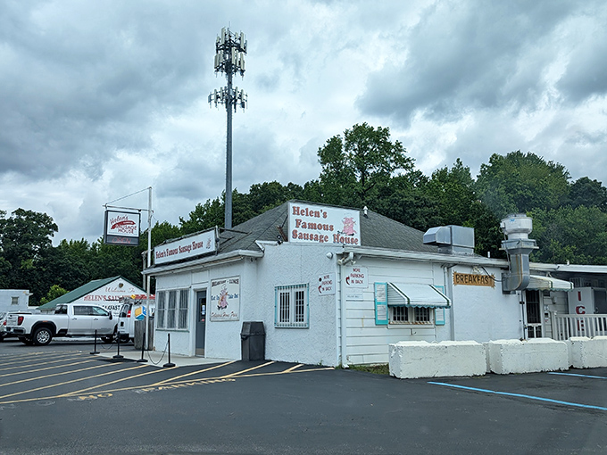 The white building stands like a beacon for breakfast lovers - where sausage artistry meets small-town hospitality.