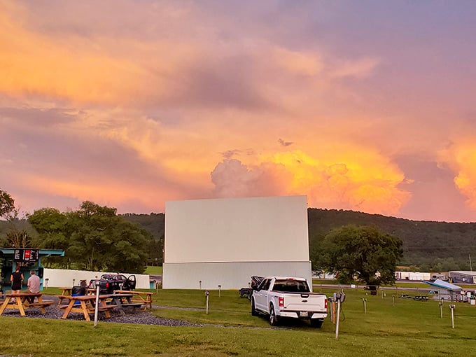 Nature provides the most spectacular backdrop at Hull's Drive-In—a sunset that rivals any special effects Hollywood could dream up.