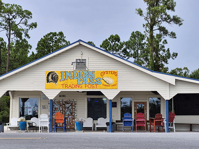 The rainbow of chairs welcomes seafood pilgrims to Indian Pass Raw Bar, where oysters are religion and the honor system at the beer cooler still thrives.