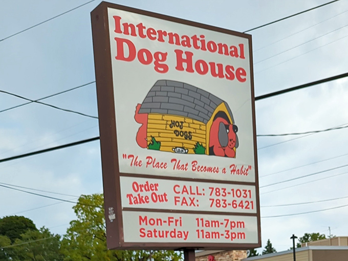 The International Dog House sign promises global flavors in a neighborhood that feels like home.