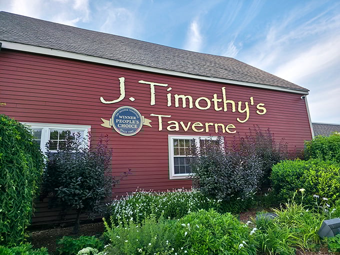 Garden beds frame this beloved red tavern where comfort food gets the royal treatment.