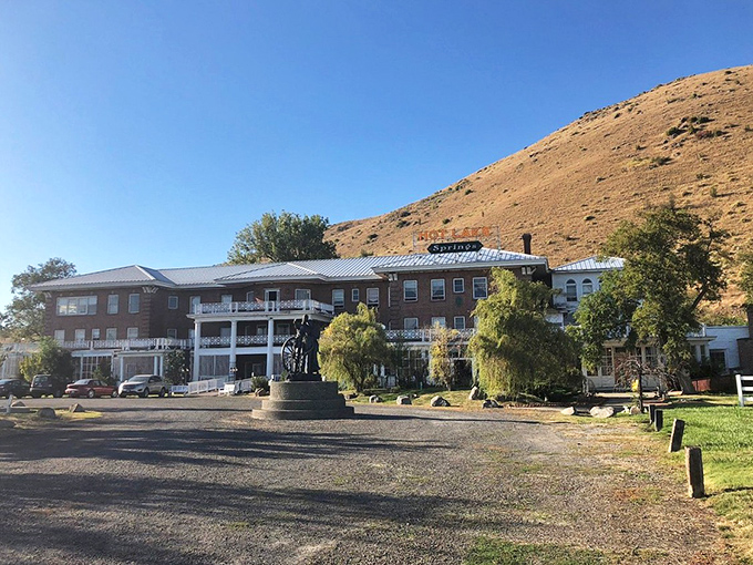 This historic hotel against golden hills reminds me of that moment in "City Slickers" when Billy Crystal finds his smile.