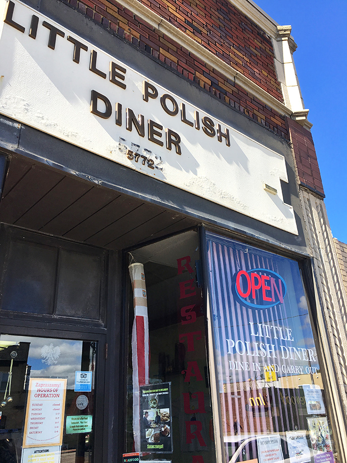 The Little Polish Diner sign stands proud against brick and sky. A portal to pierogi paradise and Polish Boy perfection.