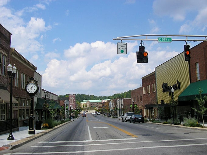 London's historic district stands proudly against the backdrop of Kentucky hills, a postcard come to life.
