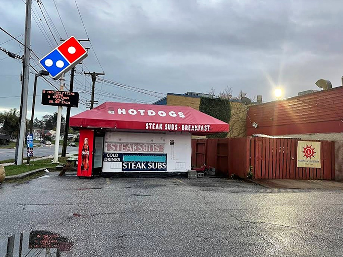 The bold red awning proudly announces "HOTDOGS" to passing cars &ndash; sometimes the simplest advertising speaks the loudest to hungry stomachs.