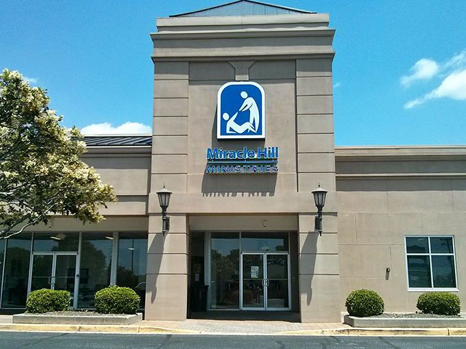 The stately entrance to Miracle Hill Ministries&mdash;where your bargain hunting directly supports programs for those in need.