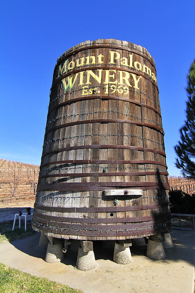 "Mount Palomar Winery" proudly announces this giant barrel. Like a wooden lighthouse guiding thirsty travelers home!