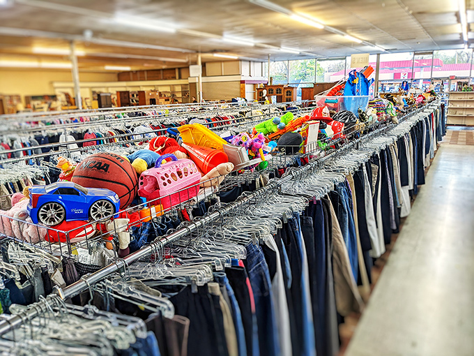 A mix of colorful toys and rows of colorful clothing create a rainbow of possibilities for savvy shoppers.