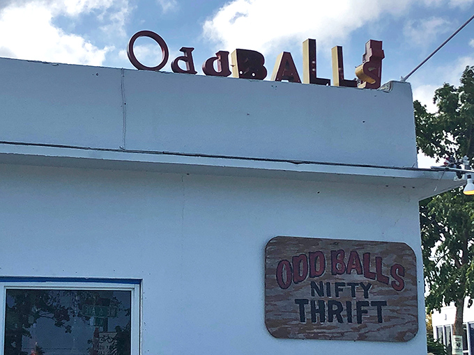 The weathered charm of Oddballs' sign promises vintage treasures and one-of-a-kind finds. A thrifter's paradise for the delightfully strange.