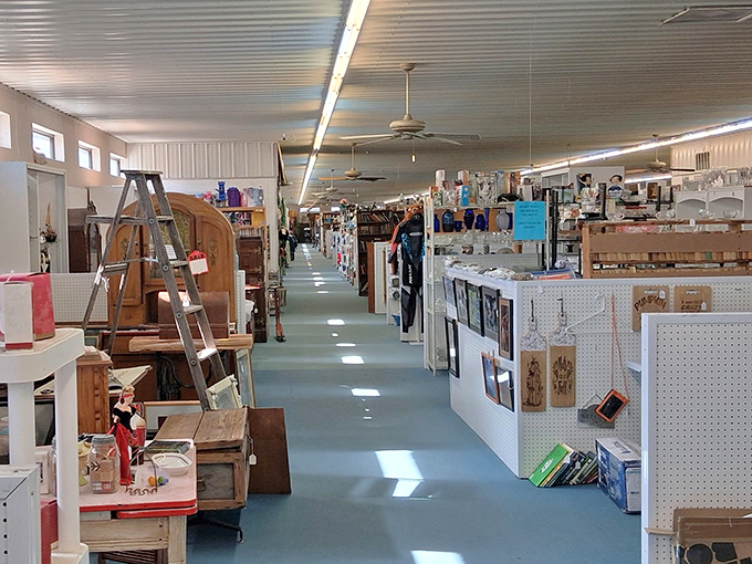 Wide aisles and organized displays prove that flea markets can be both treasure-filled and walker-friendly.