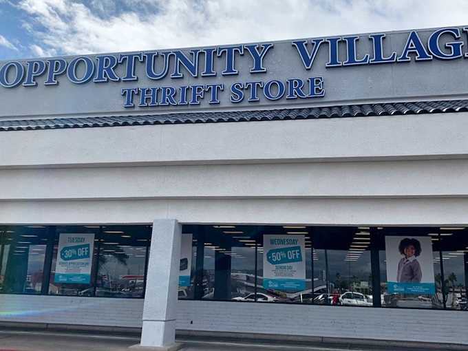 The clean, organized exterior hints at the carefully curated treasures waiting inside this Las Vegas gem.