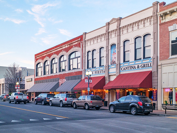 Historic buildings line Pendleton's Main Street, where local restaurants offer affordable dining options without breaking your Social Security budget.