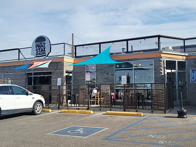 The sleek stone facade of Phat Stax houses burger architecture that would make Frank Lloyd Wright hungry.