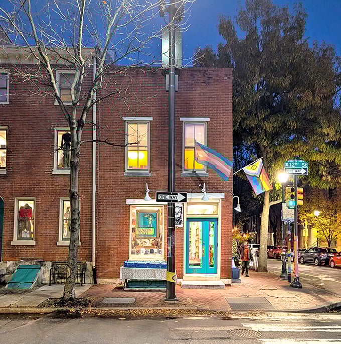 Giovanni's Room at night: "As the sun sets, this magical bookshop glows like a beacon for night owls seeking literary bargains."