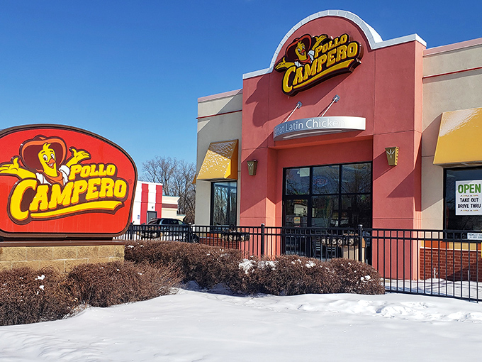 Pollo Campero's bold orange and pink exterior promises Latin flavors that'll make your taste buds dance with joy and spice.