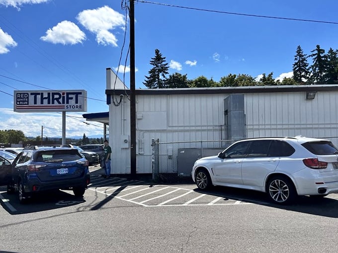 The weather might be gray, but Red White & Blue's colorful facade promises a rainbow of bargains inside.