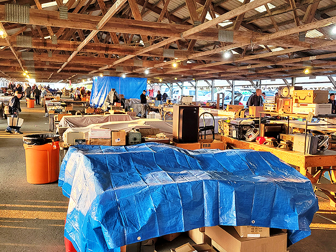 Blue tarp treasures! The covered pavilion protects shoppers and merchandise while they dig through boxes of potential finds and forgotten gems.