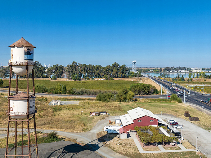 Rio Vista's water tower stands sentinel over a town where farming roots run deep and neighbors know your name.