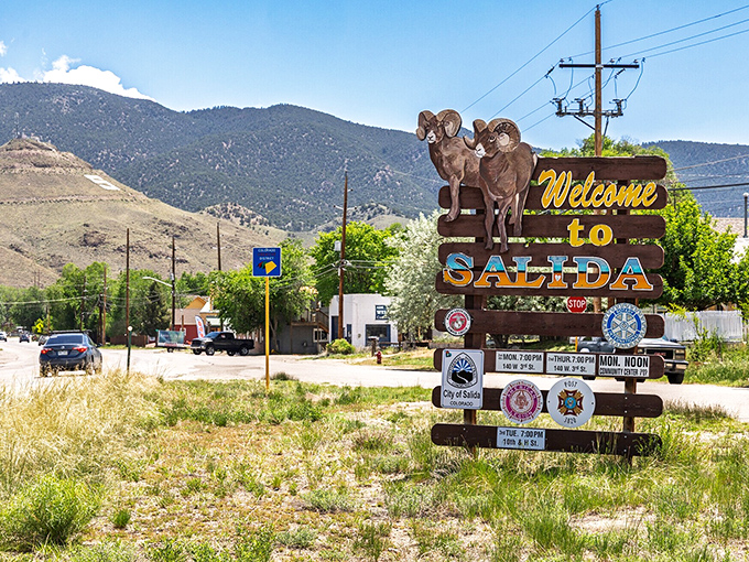 Salida's welcome sign features bighorn sheep that look more relaxed than I feel after a week's vacation.