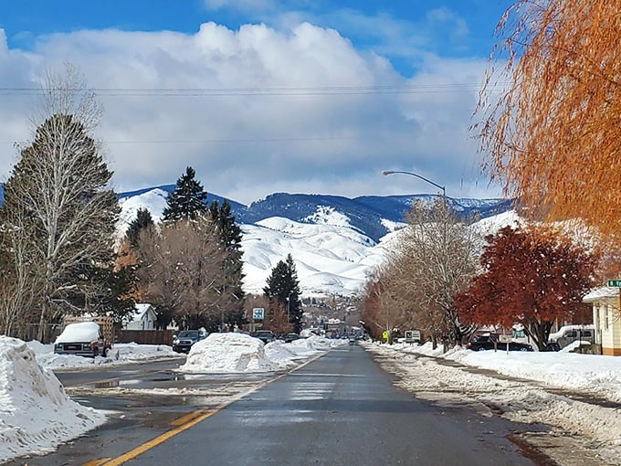 Winter in Salmon paints a postcard-perfect scene, where snow-lined streets lead straight to Idaho’s majestic mountain peaks.