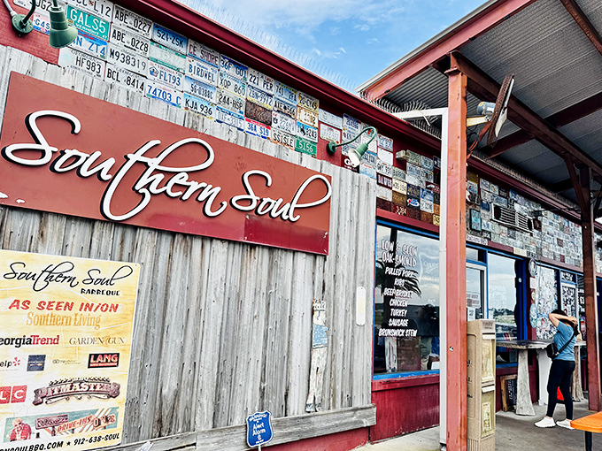 License plates on the walls, picnic tables under cover, and smoke in the air. Barbecue paradise found on St. Simons Island!