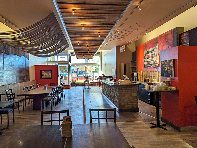 Modern comfort meets timeless appeal in this vibrant space that buzzes with satisfied customers and sizzling grills.