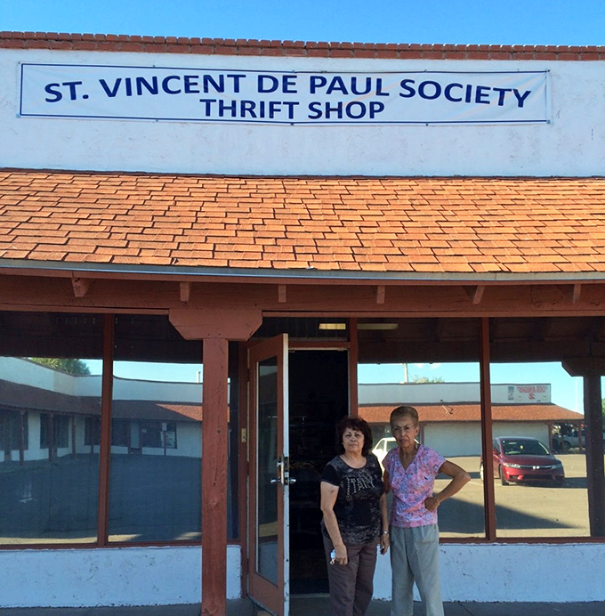 The welcoming entrance of St. Vincent de Paul invites bargain seekers inside. Where community spirit meets vintage finds!