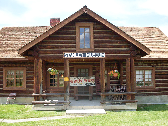 The Stanley Museum's rustic log cabin exterior tells stories of Idaho's frontier days beneath the watchful Sawtooth peaks.