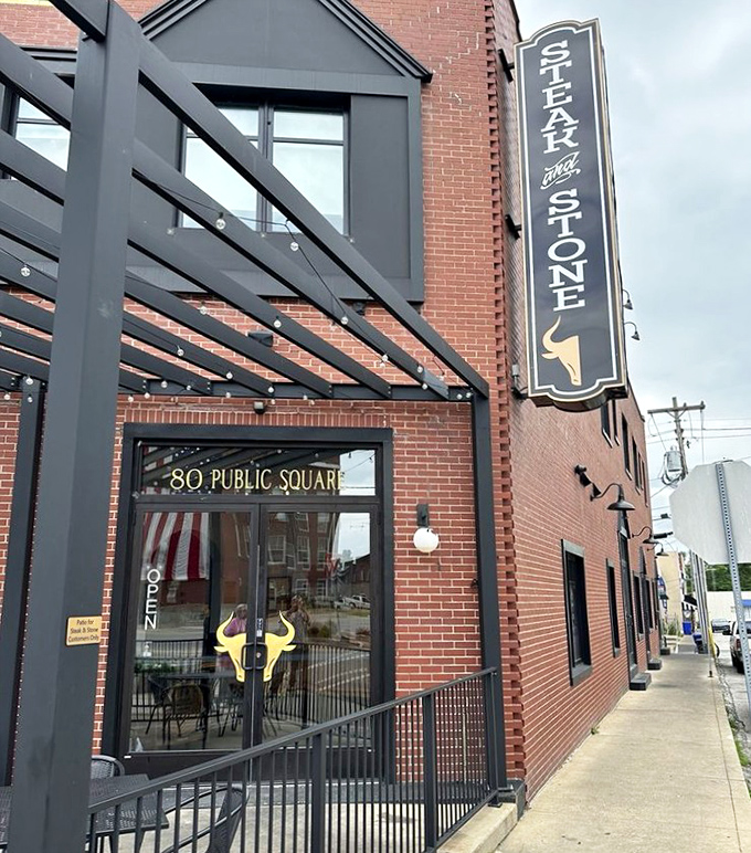 The golden-yellow sign beckons like a steak lighthouse, guiding hungry souls to their beefy destiny.